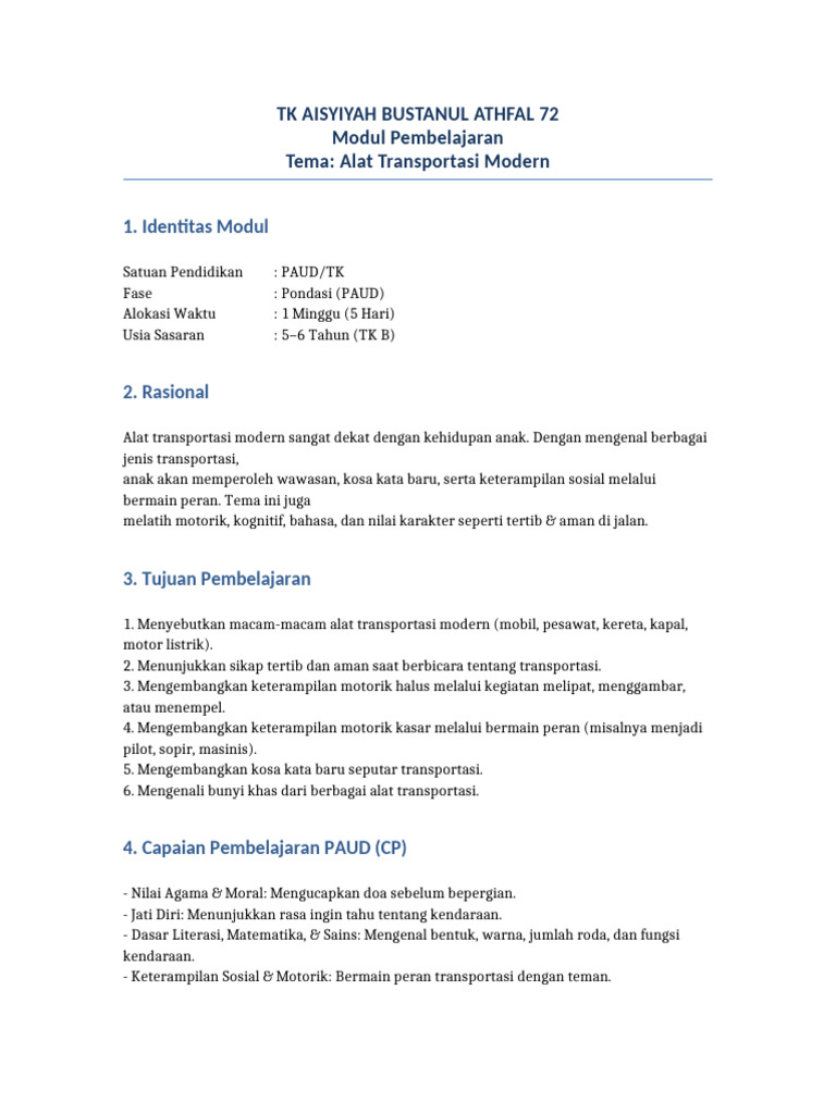 Modul PAUD: Alat Transportasi Modern | PDF