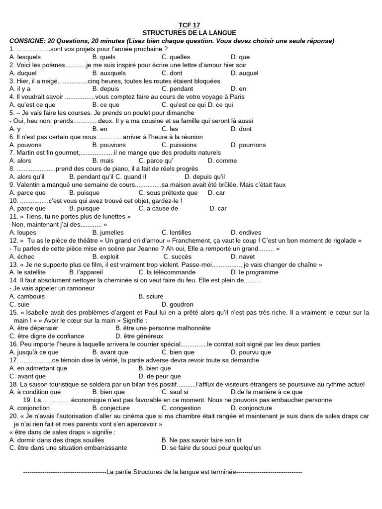 Questions de grammaire française TCF 17 | PDF