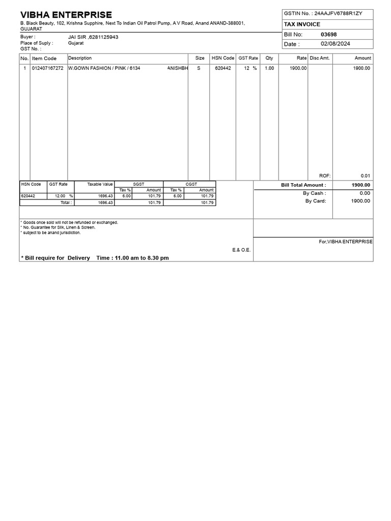 Tax Invoice: GSTIN No.: 24AAJFV6788R1ZY | PDF