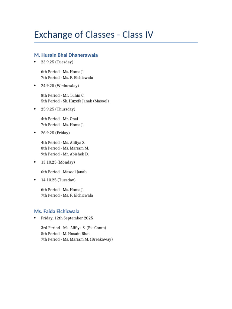 Exchange of Classes Class IV | PDF