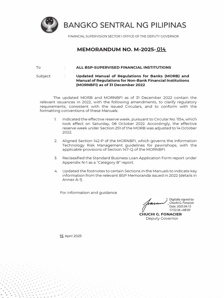 Memorandum No. M-2025-014 - Manual of Regulation For Banks v.2022 | PDF ...