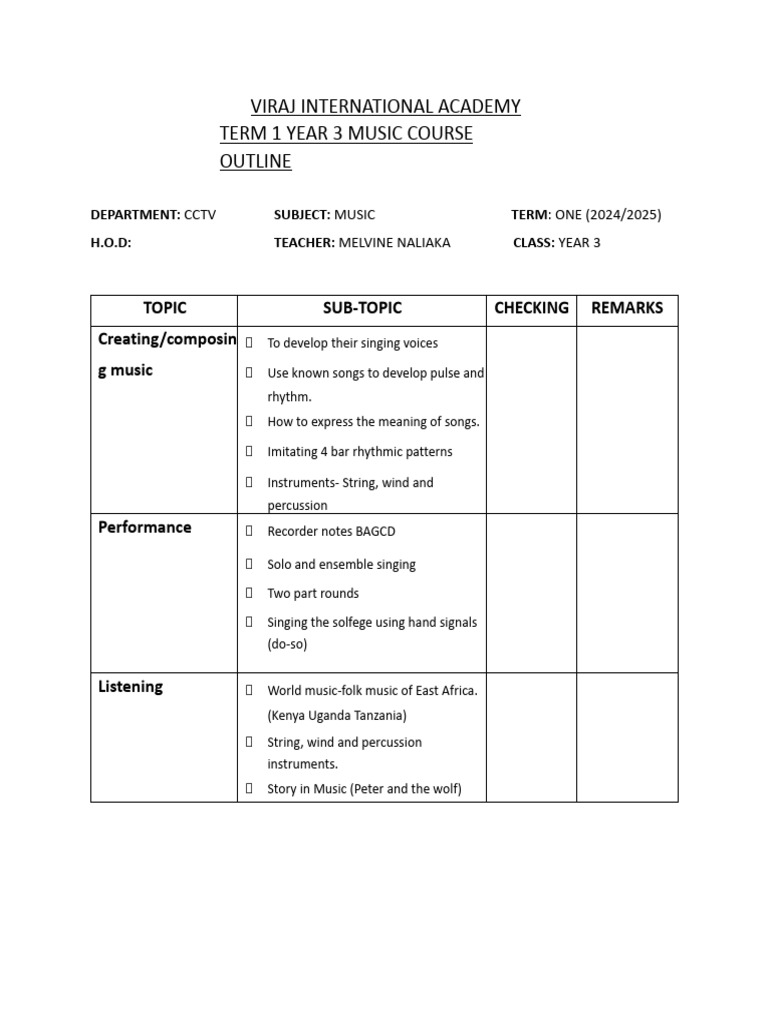 Year 3 Term 1 2024-25 Music Course Outline | PDF