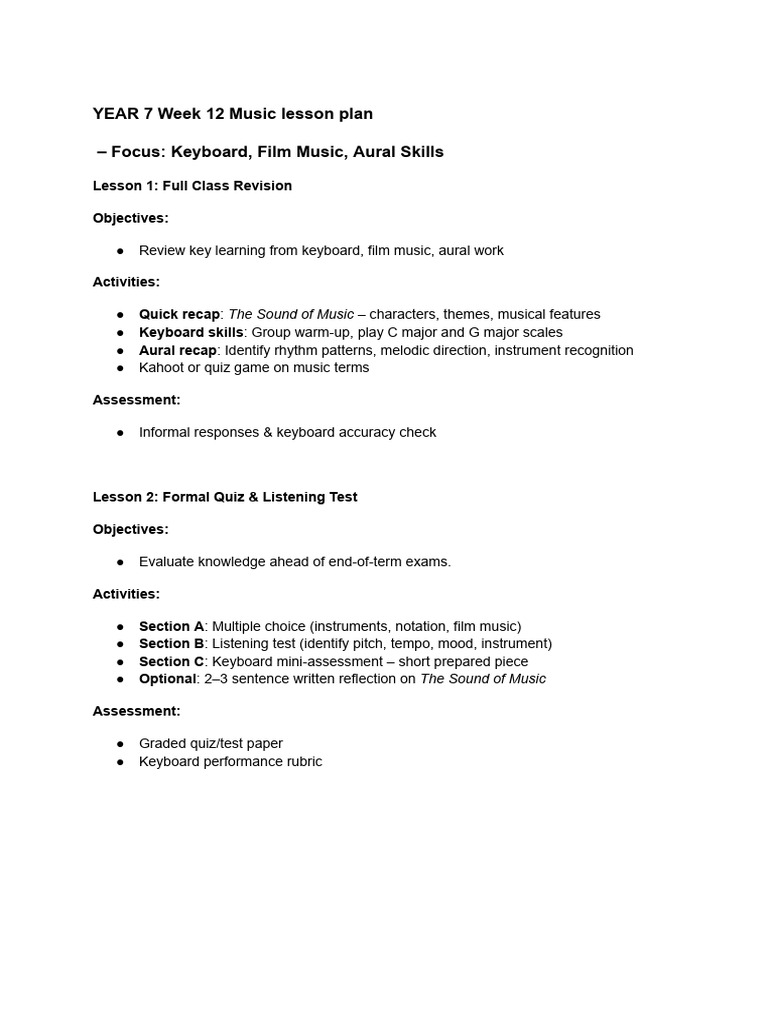 YEAR 7 Week 12 Music Lesson Plan | PDF