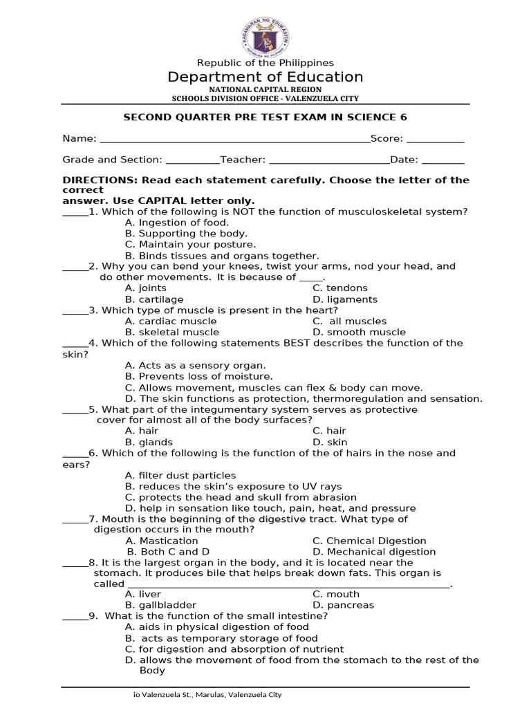 Science 6 Second Quarter Pre-Test Exam | PDF | Breathing | Lung