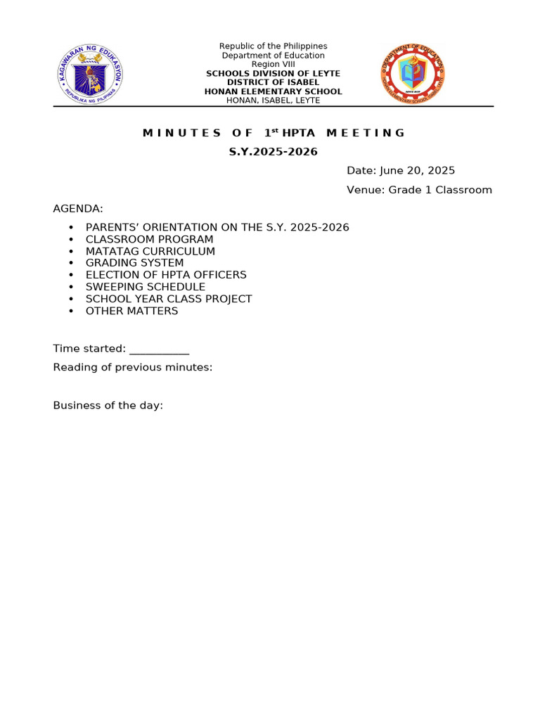 1st HPTA Meeting Minutes for SY 2025-2026 | PDF | Philippines