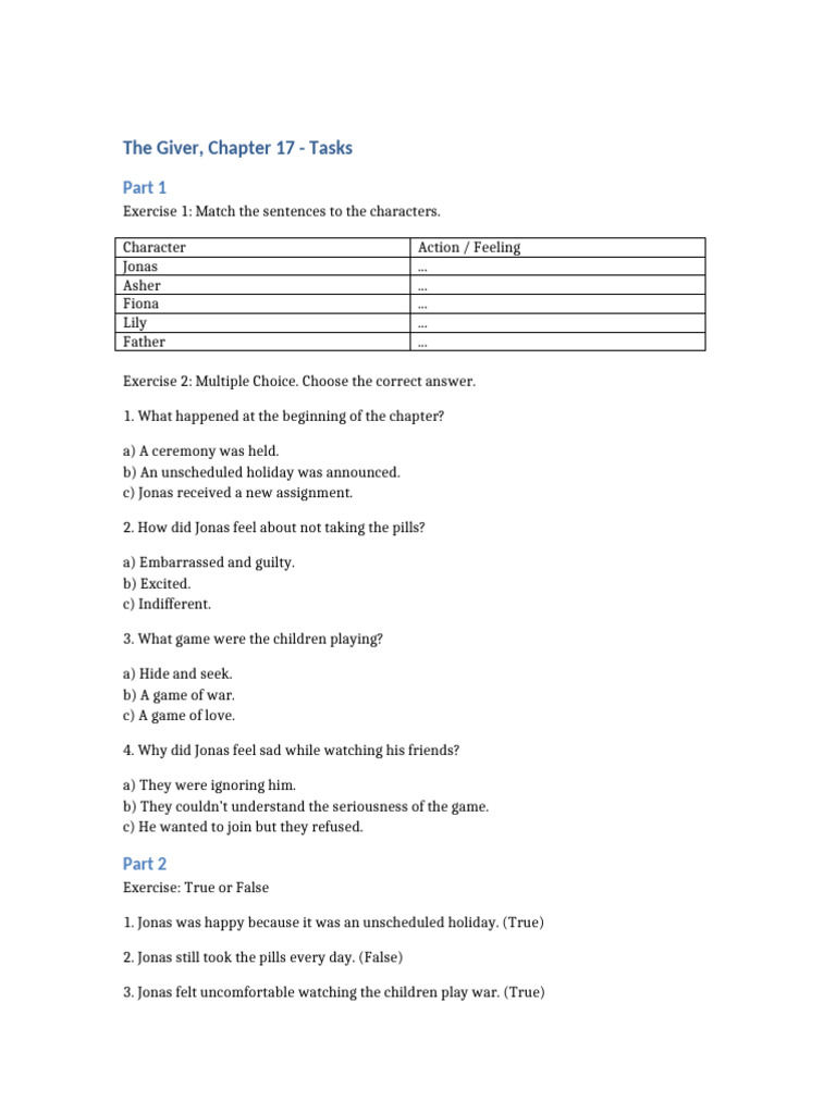 The Giver Chapter 17 Tasks Revised | PDF