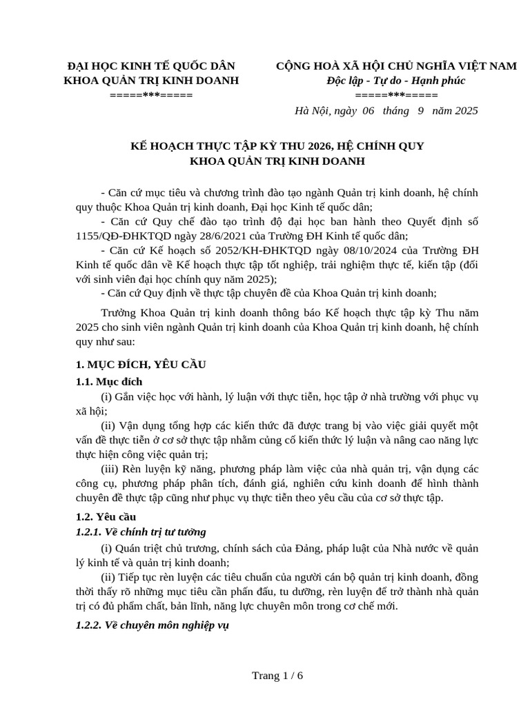 Ke Hoach Thuc Tap Nganh QTKD Ky Thu 2026 | PDF