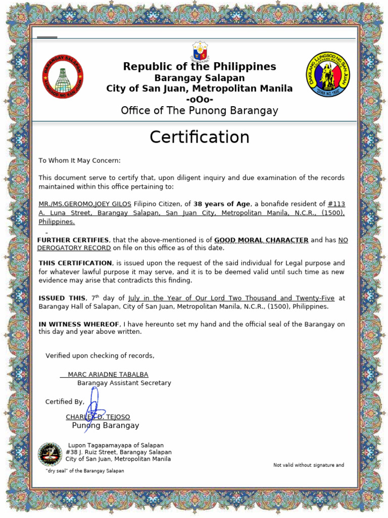 Certification of No Derogatory Record | PDF