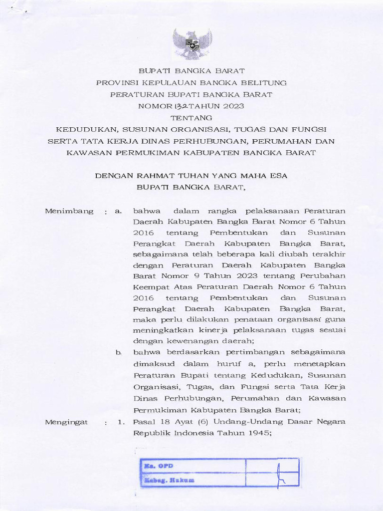 Perbup Nomor 132 Tahun 2023 Tentang SOTK Dinas Perhubungan, Perumahan Dan Kawasan Permukiman | PDF