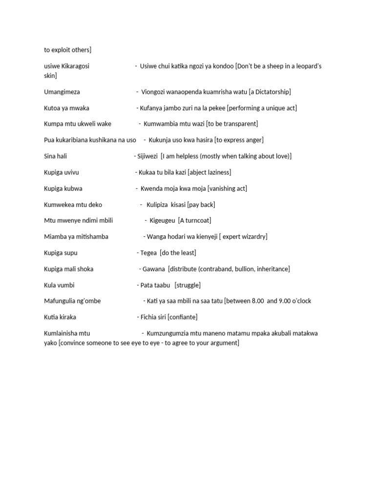 Swahili Idioms and Their Meanings | PDF