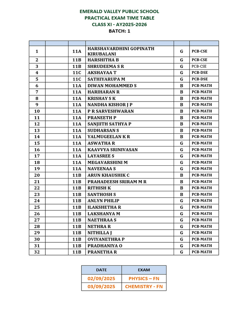 Class XI Practical Exam Timetable 2025 | PDF