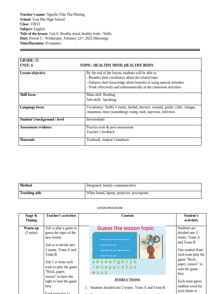 Healthy Mind, Healthy Body Lesson Plan | PDF | Alcoholic Beverages ...