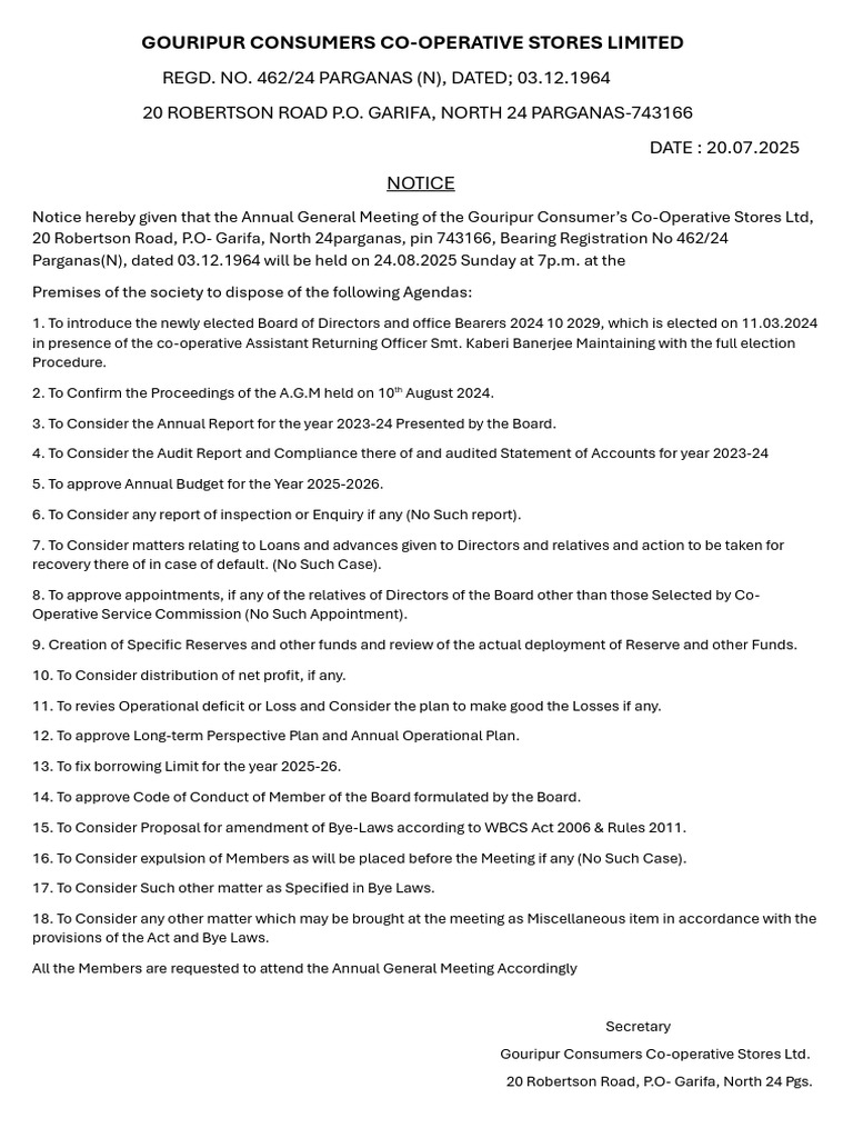Gouripur Co-Op Stores AGM Notice 2025 | PDF