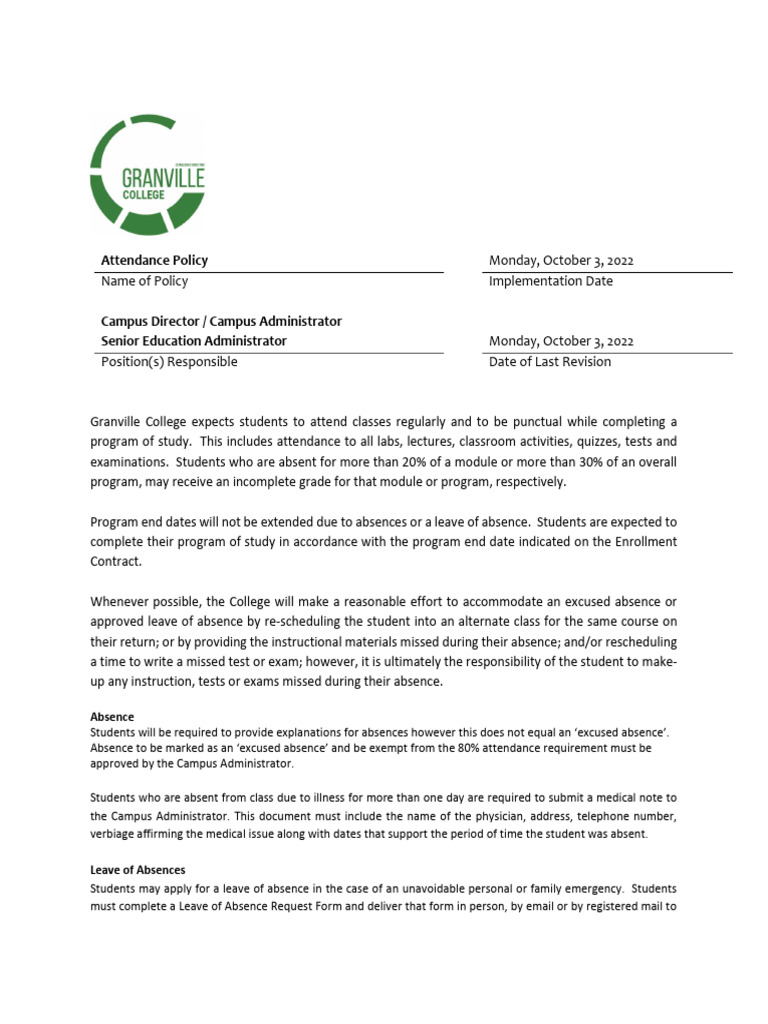 Granville College Attendance Policy | PDF