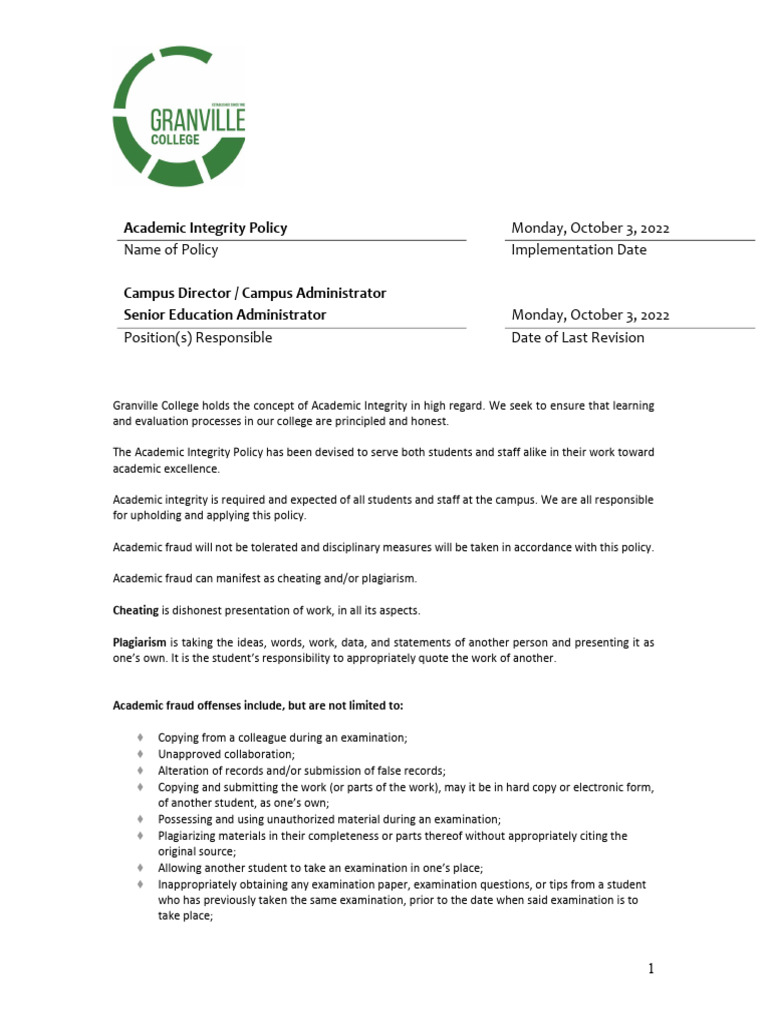 Granville College Academic Integrity Policy | PDF | Academic Dishonesty ...