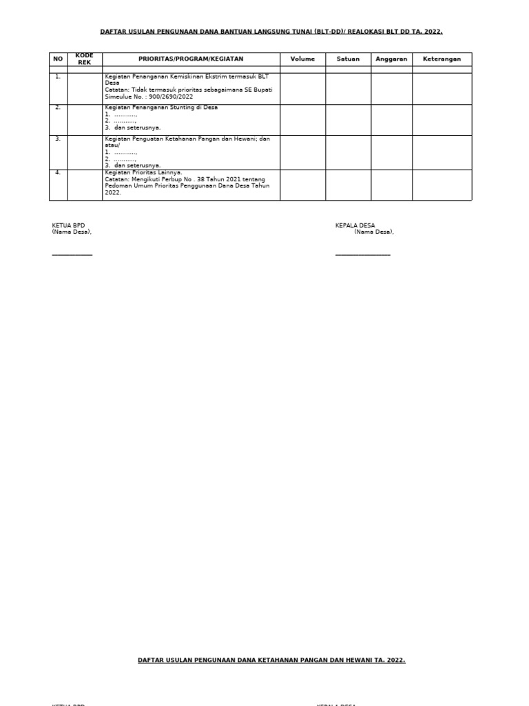 Form Usulan Re Alokasi BLT-DD | PDF