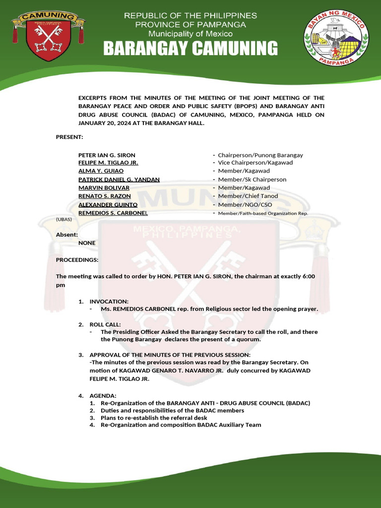 BPOPS and BADAC Meeting Minutes - Jan 2024 | PDF | Parliamentary ...