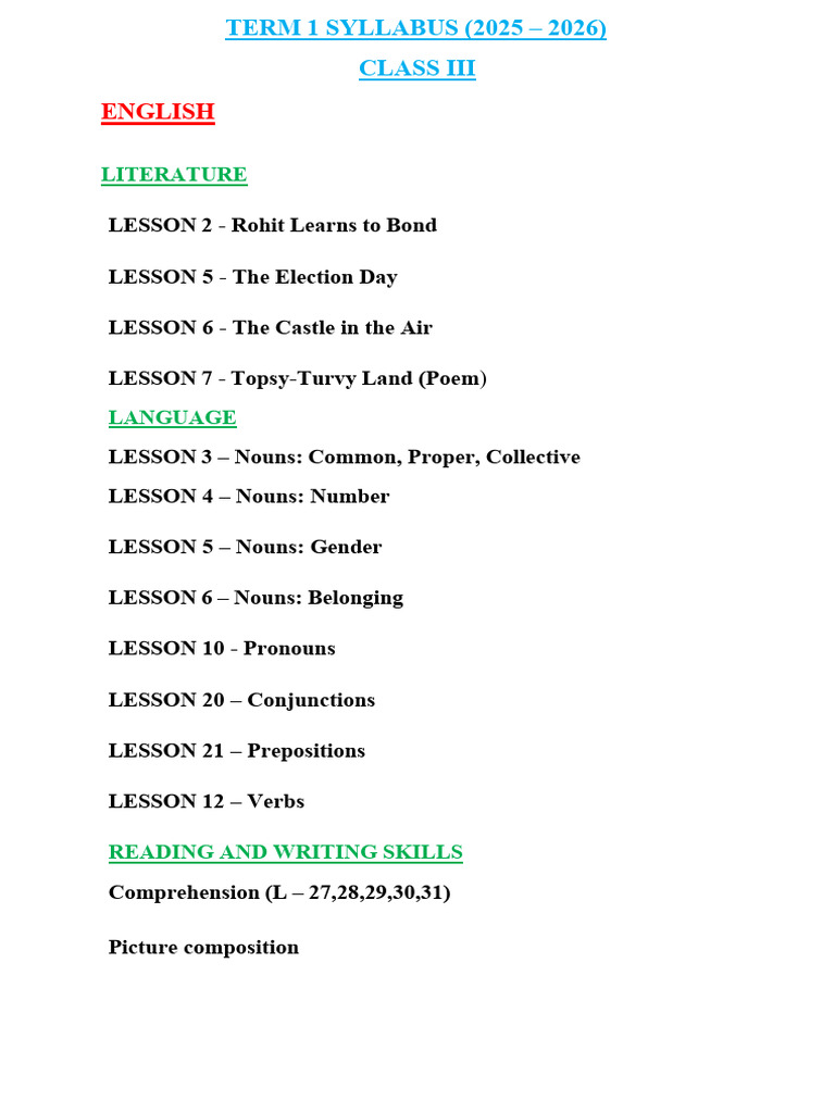 Updated Term 1 Syllabus (Class 3) | PDF