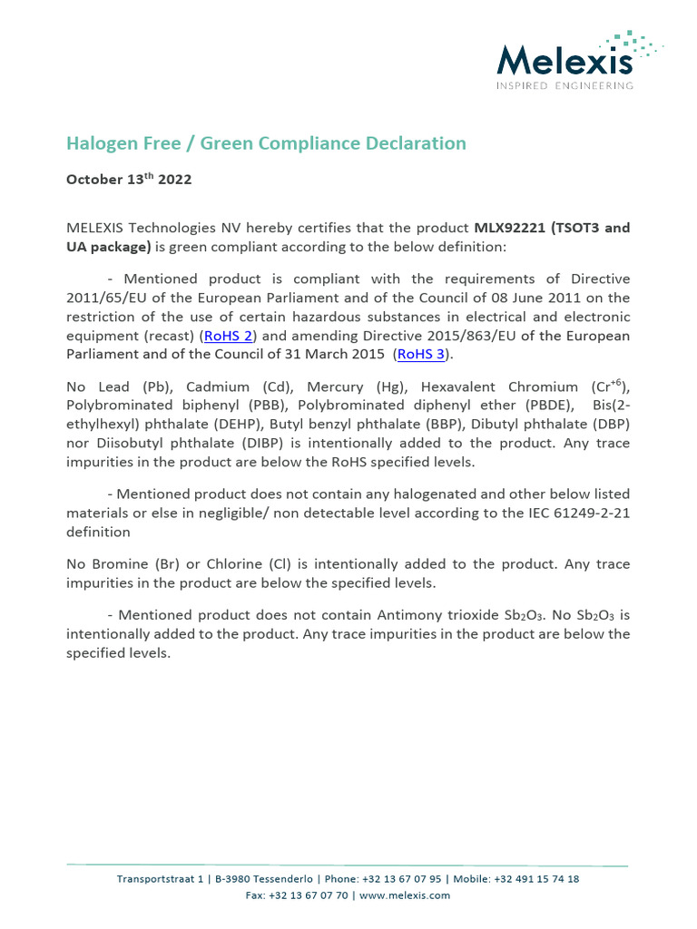 Melexis MLX92221 Green Compliance Cert | PDF | Materials | Chemical ...