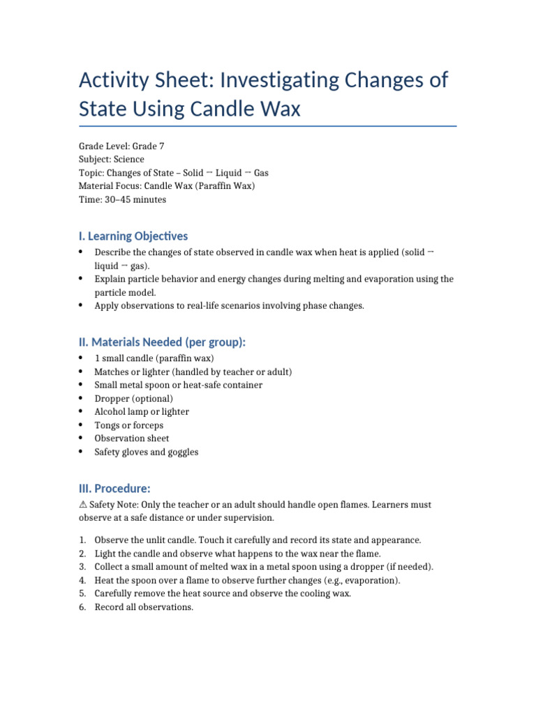 Candle Wax Phase Change Experiment | PDF | Phase (Matter) | Liquids