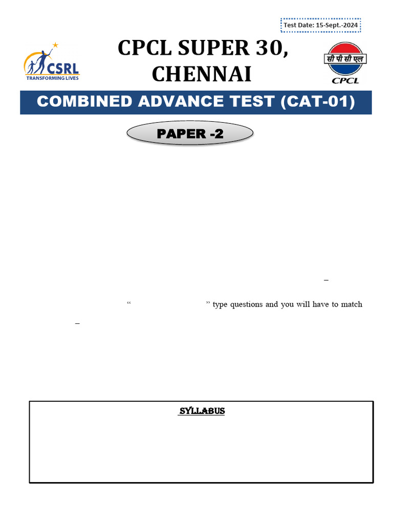 CAT 01 Question Paper 2 15 Sept. 2024 Channai | PDF | Chemical Polarity ...