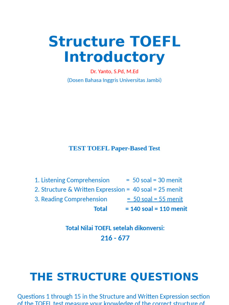 TOEFL Structure Test Overview | PDF | Verb | Subject (Grammar)
