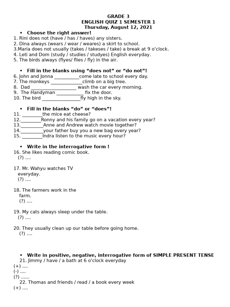 Grade 3 English Quiz: Simple Present Tense | PDF