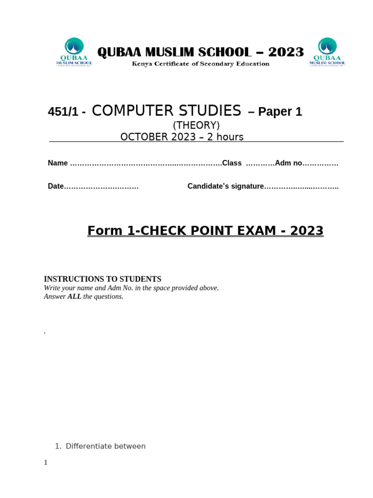 Form 1 Computer Studies Exam Guide | PDF | Directory (Computing) | Usb
