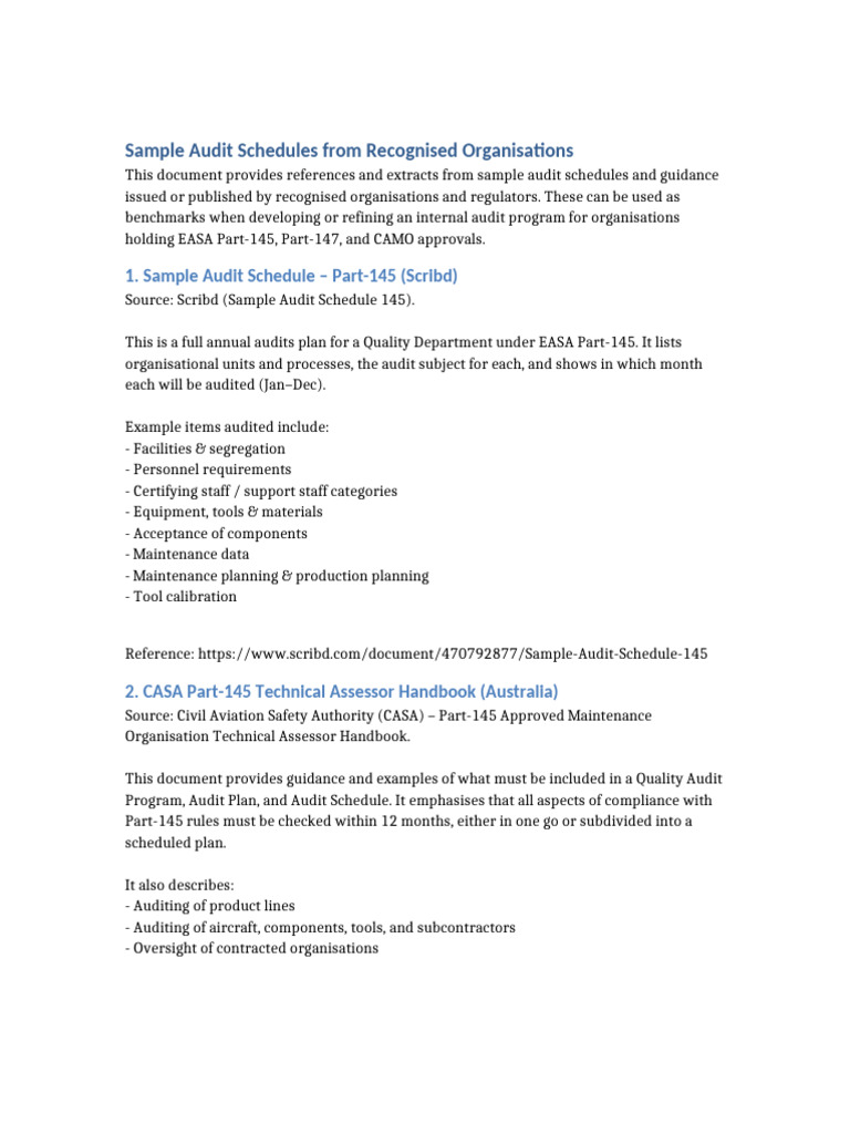 Audit Schedule for EASA Part-145 Compliance | PDF | Audit | Regulatory ...