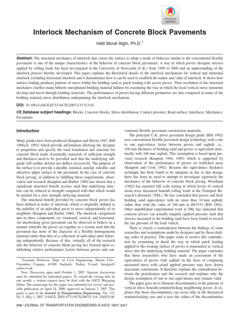 Murat Algin 2007 Interlock Mechanism of Concrete Block Pavements | PDF ...