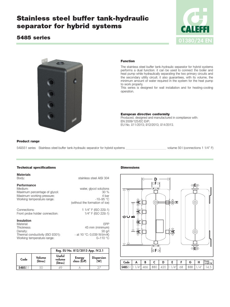 Caleffi 5485 Buffer Tank Overview | PDF | Thermal Insulation | Pump