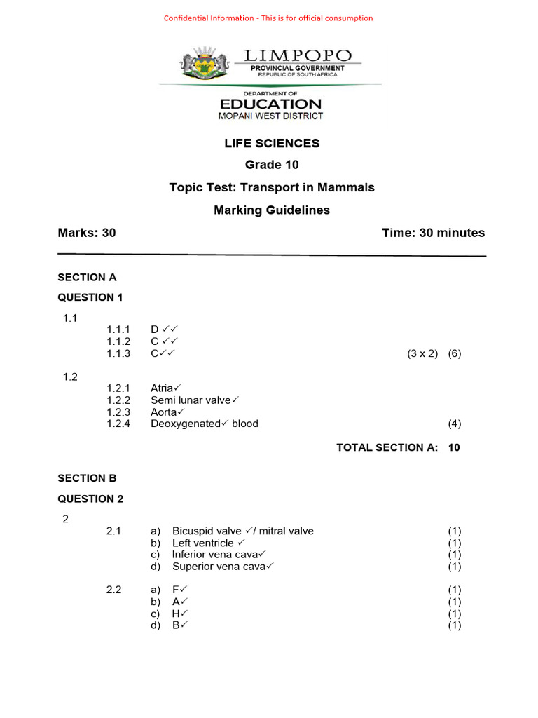 Grade 10 Topic Test Transport in Mammals Marking Guideline | PDF ...