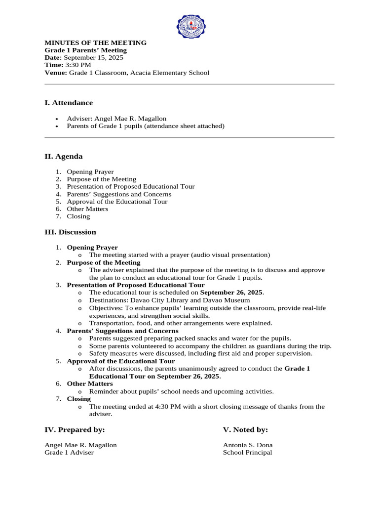 Parent's Meeting Minutes | PDF