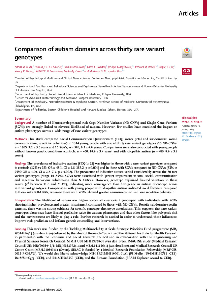 Comparison of Autism Domains Across Thirty Rare Variant Genotypes | PDF