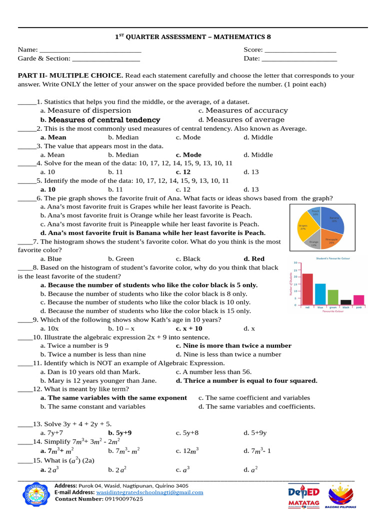 1st Quarter Math Assessment for Grade 8 | PDF | Equations | Mean