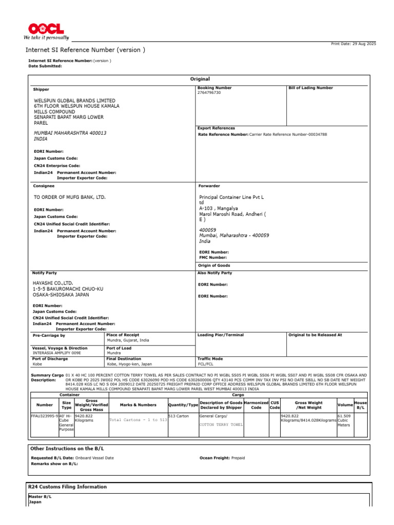 OOCL - Shipping Instructions | PDF | Cargo | Bill Of Lading