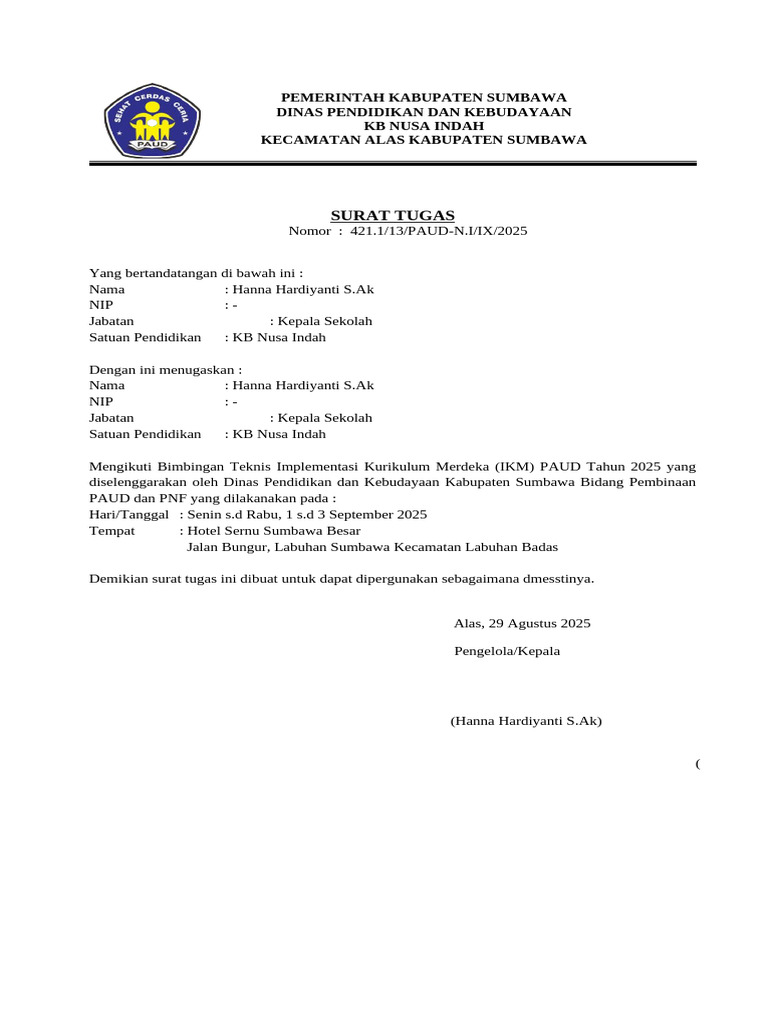 Surat Tugas KB Nusa Indah | PDF