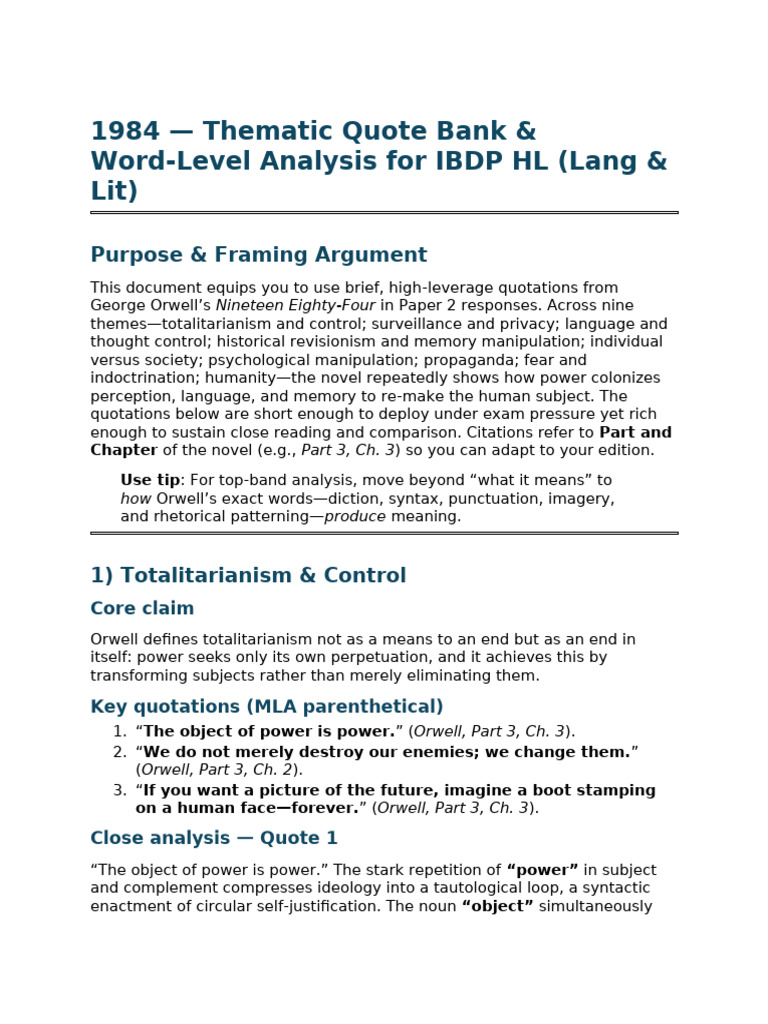 Ibdp HL Paper 2 - 1984 Quote Bank With Thematic, Word Level Analysis ...