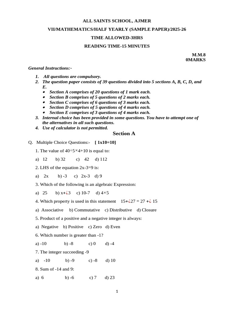 Sample Paper Grade 7 Maths | PDF | Integer | Numbers