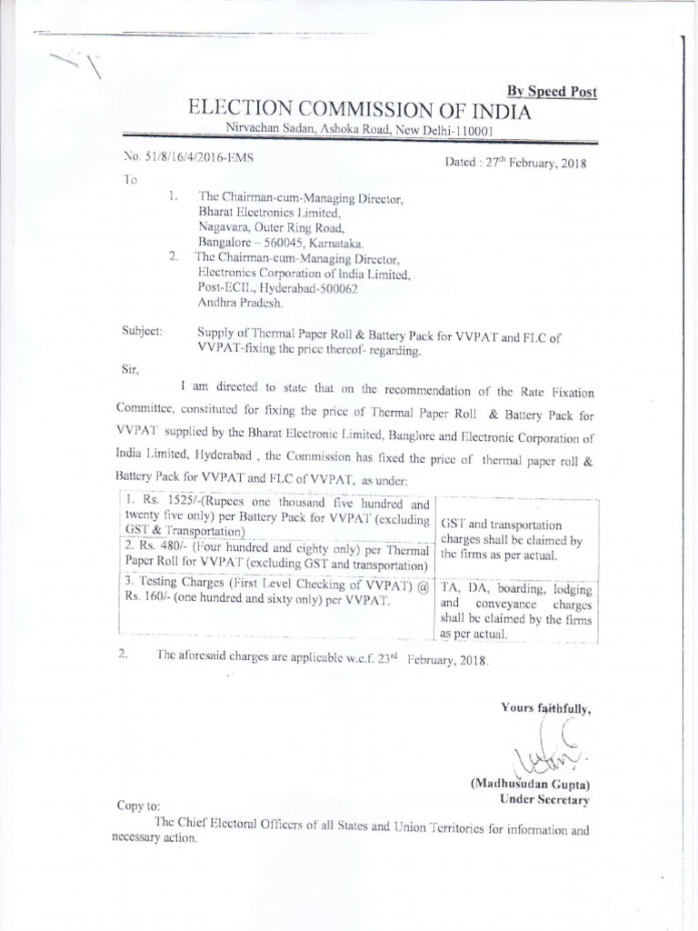 Supply of Thermal Paper Roll & Battery Pack For VVPAT and FLC of VVPAT ...