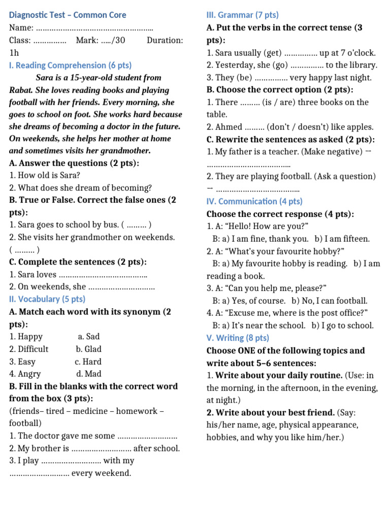 Diagnostic Test Common Core El Quds | PDF | Syntax | Grammar