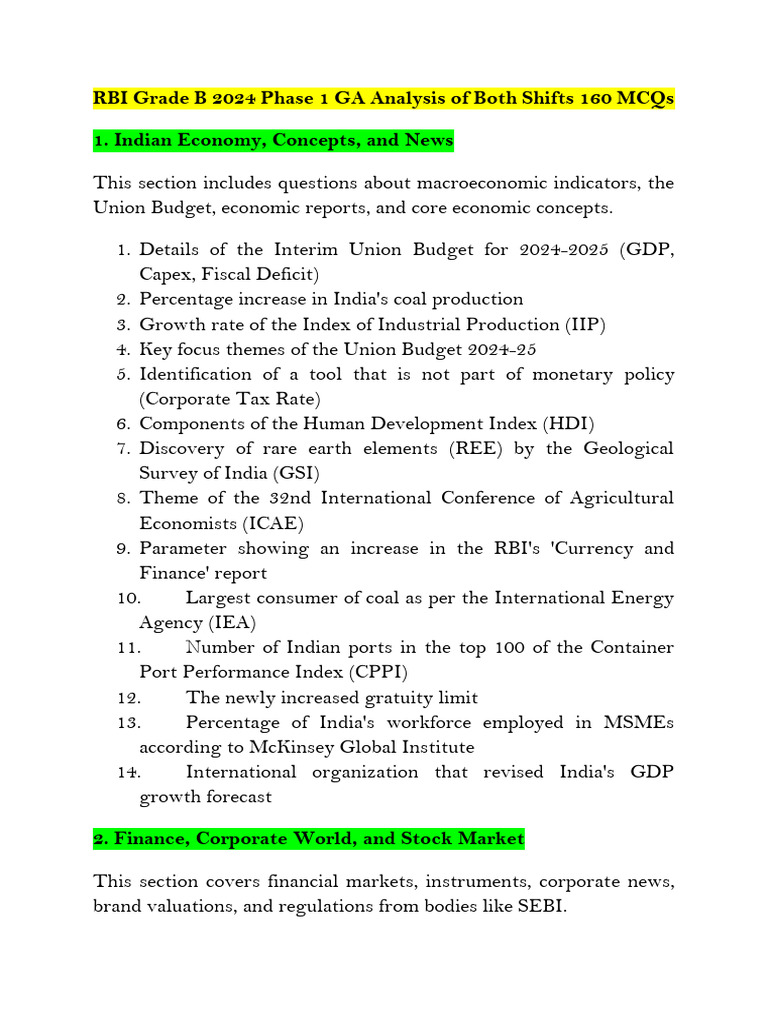 RBI Grade B 2024 GA Questions Analysis | PDF | Banks | Reserve Bank Of ...