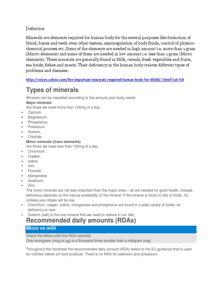 Types of Minerals: Micro Vs Milli | PDF | Food And Drink | Foods