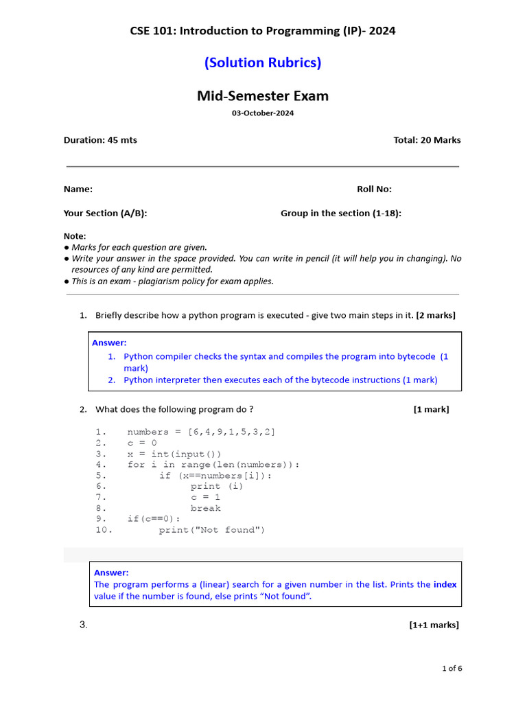 CSE 101 Mid-Sem Exam Solutions 2024 | PDF | Computer Programming ...