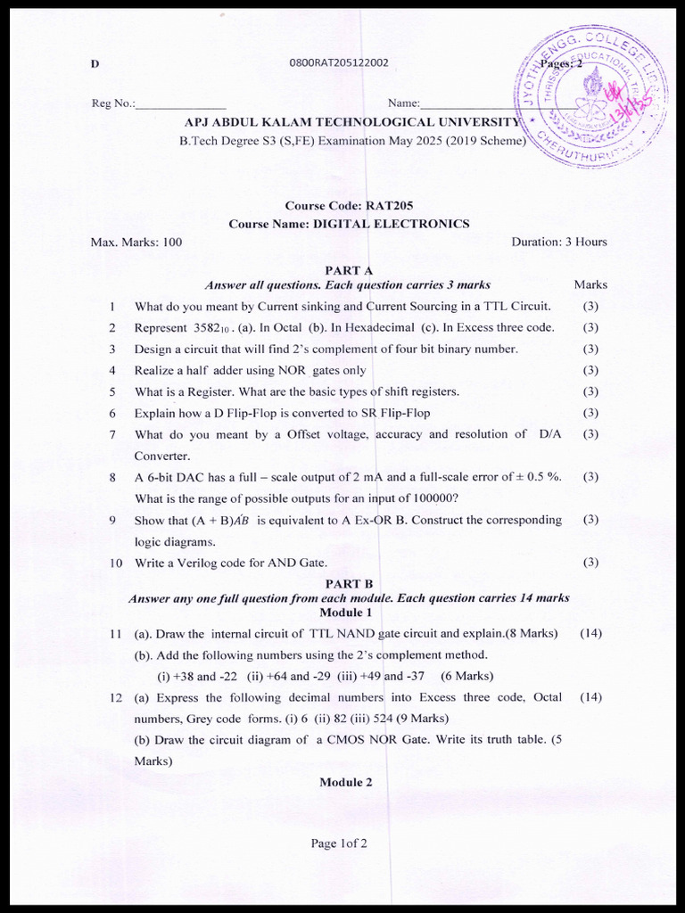 Digital Electronics Exam Questions | PDF | Logic Gate | Digital Electronics