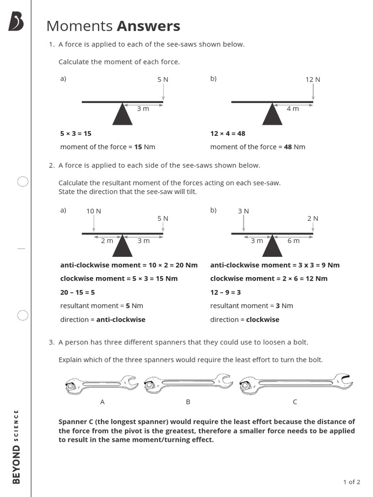 Moments Worksheet Higher Answers | PDF | Force | Weight