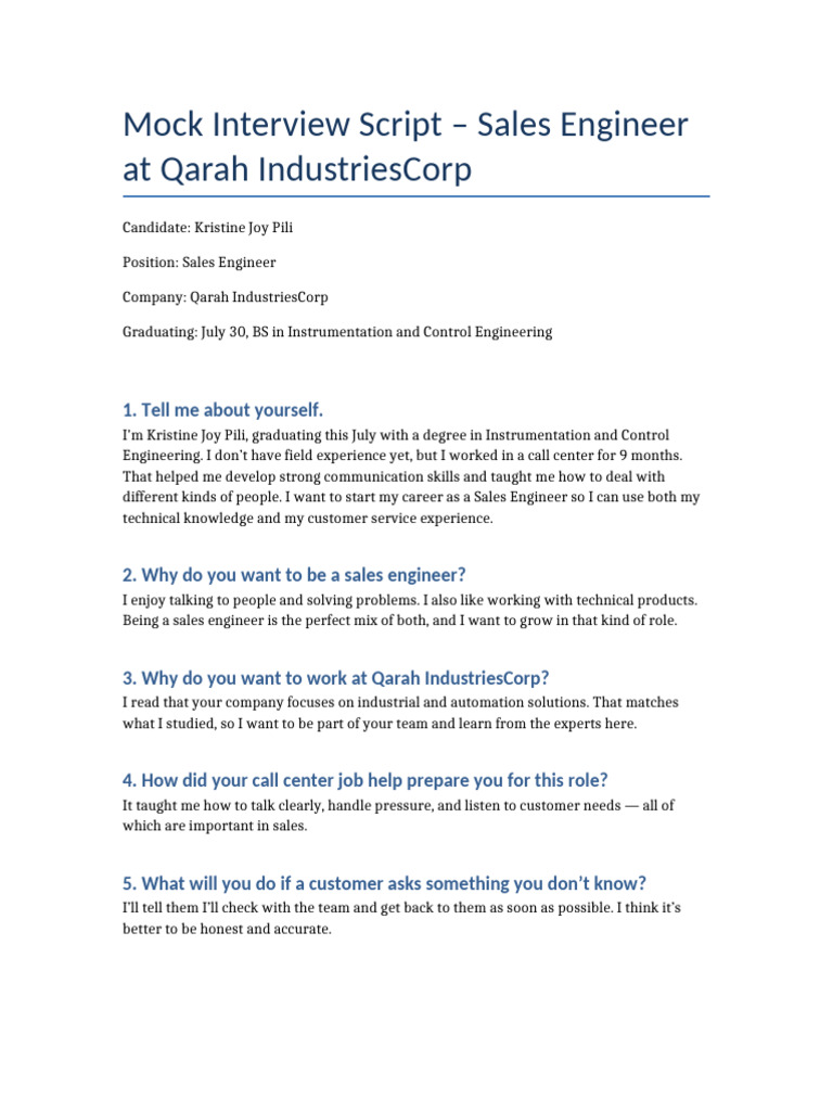 Mock Interview Script Qarah IndustriesCorp | PDF | Mentorship | Experience