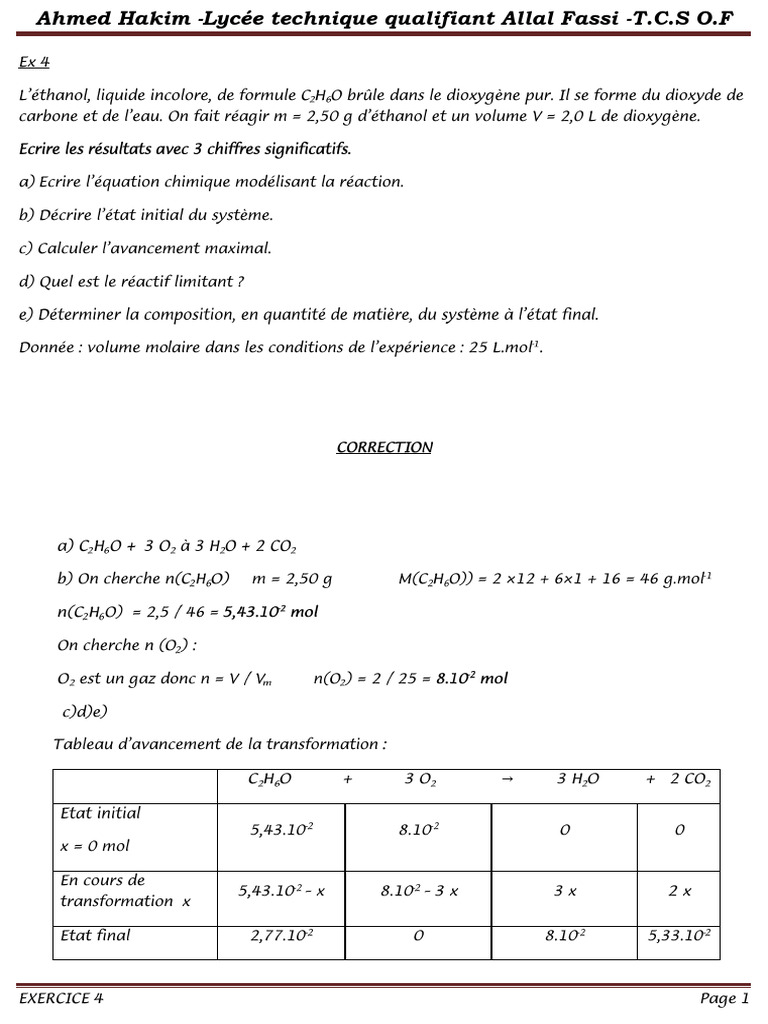 Équation et Calculs de Réaction d'Éthanol | PDF