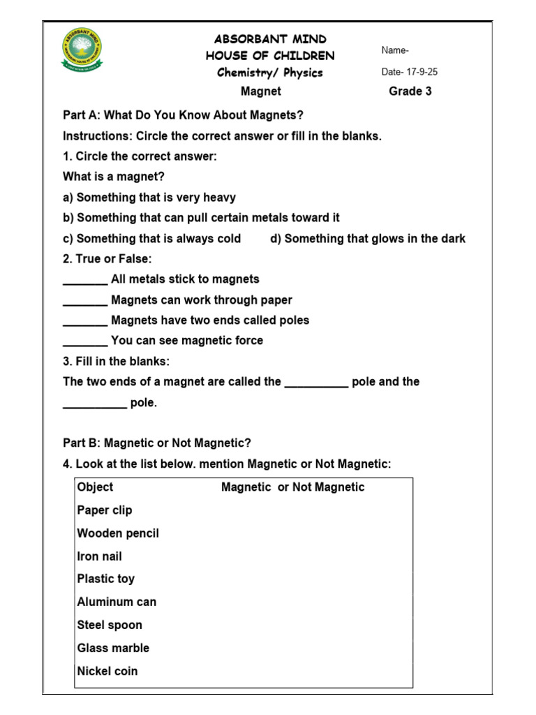 Grade 3 Magnetism Worksheet | PDF | Magnet | Magnetism