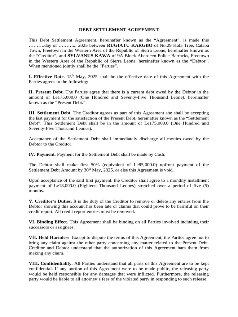 Debt Settlement Agreement | PDF | Debtor | Debt
